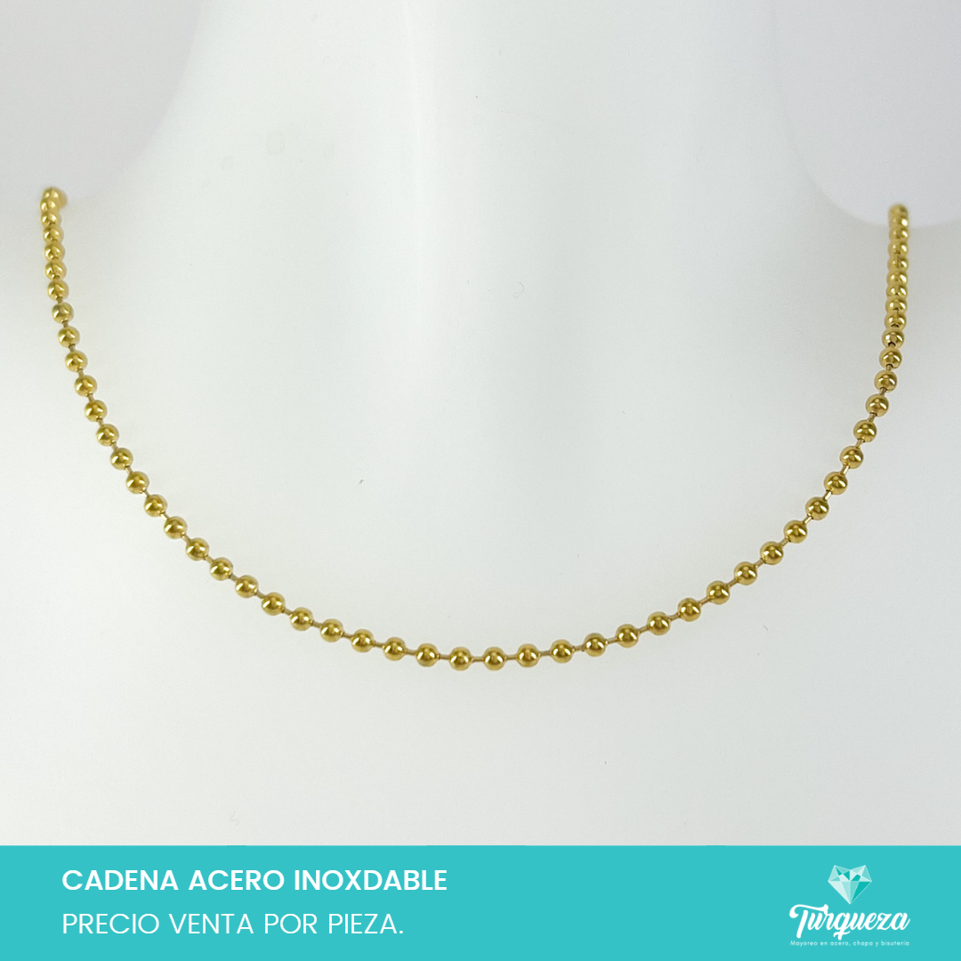 Cadena Bola Dorada (70cm-2mm) Acero Inoxidable – Turqueza Bisutería